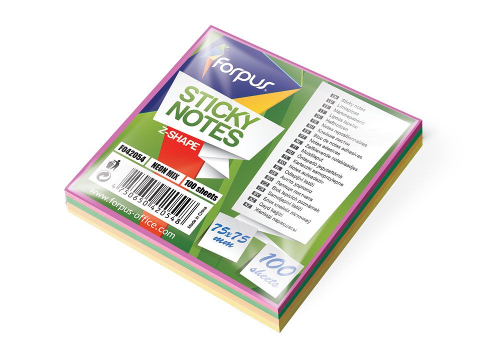 Officeday | Sticky notes FORPUS, Z-type, 75 x 75 mm, Neon Mix, 100 sheets