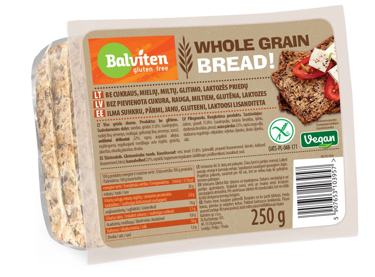 Pilno grūdo duona BALVITEN GLUTEN FREE, veganiška, 250 g | Officeday