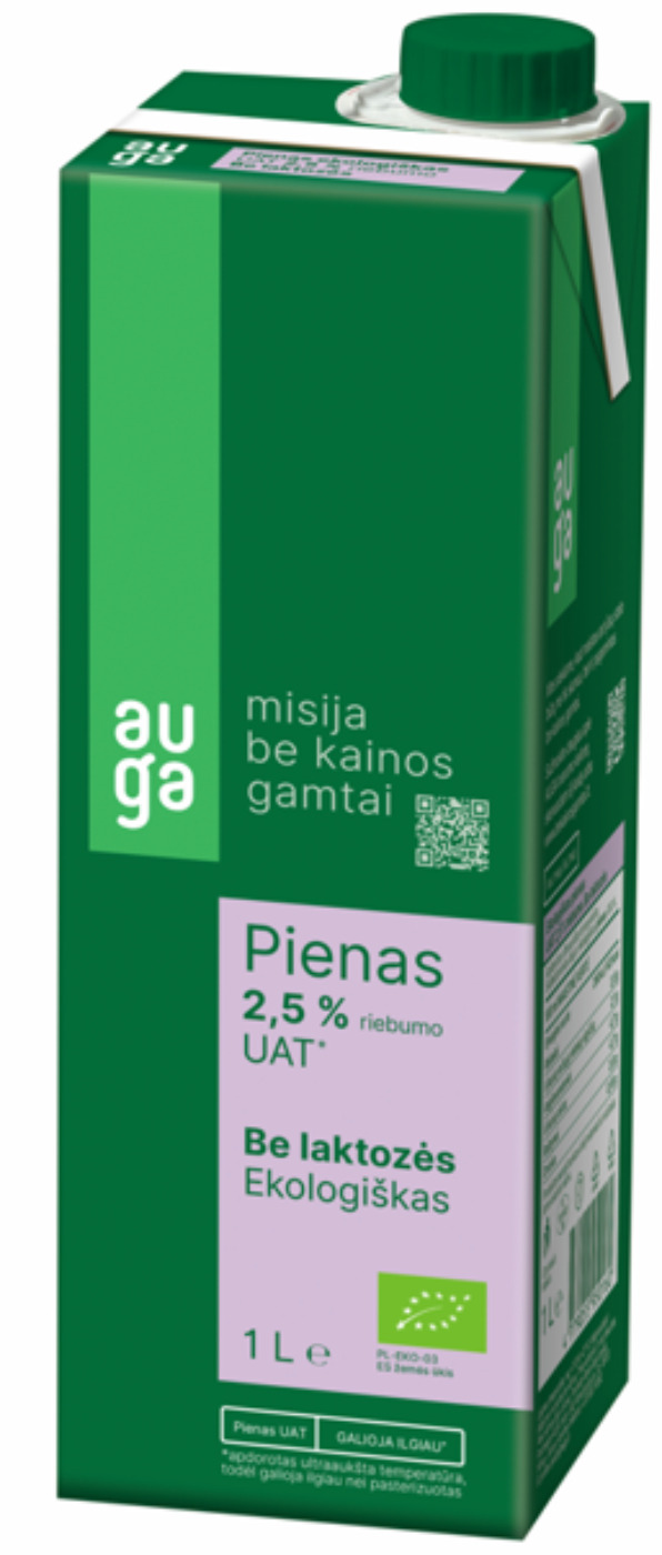 Ekologiškas AUGA pienas UAT be laktozės 2,5% riebumo 1L. LT-EKO-001 ...