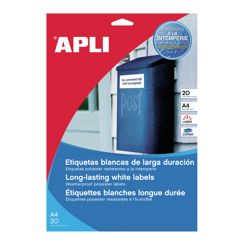 Lipnios etiketės APLI, 210 x 297 mm, A4, atsparūs, 1 lipdukai lape, 20 ...